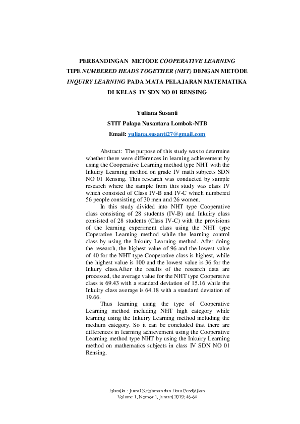 (PDF) Perbandingan Metode Cooperative Learning Tipe Numbered Heads Together (NHT) dengan Metode ...