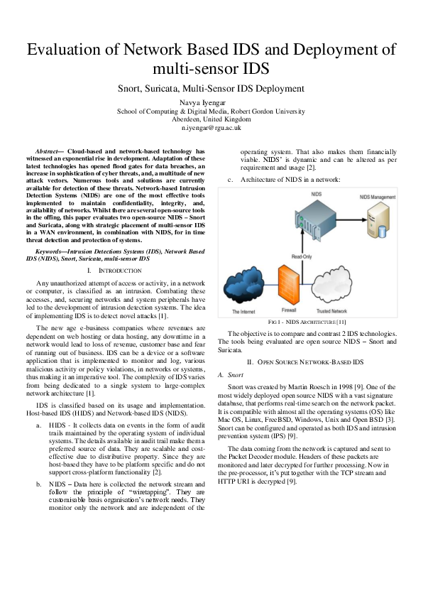 (PDF) Evaluation of Network Based IDS and Deployment of multi-sensor IDS Snort, Suricata, Multi ...