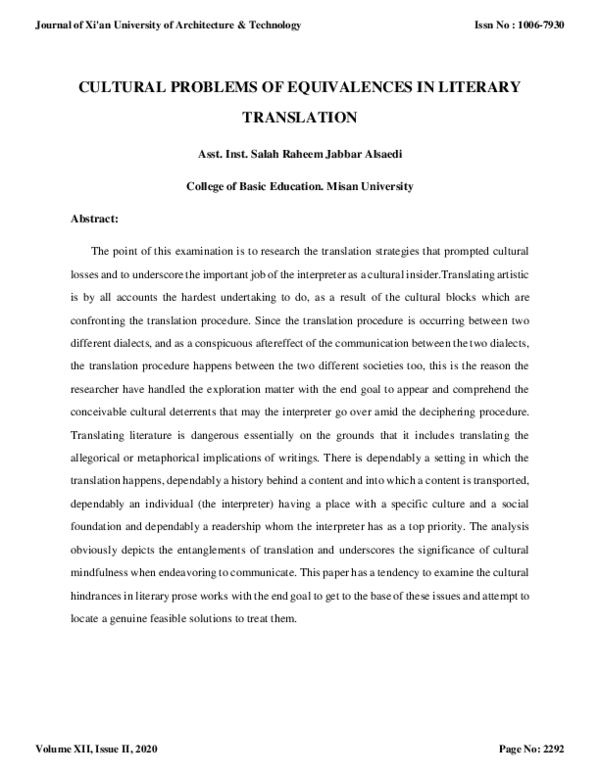 (PDF) CULTURAL PROBLEMS OF EQUIVALENCES IN LITERARY TRANSLATION
