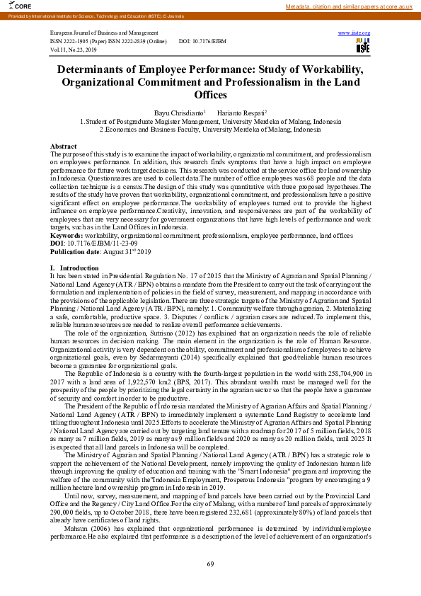 (PDF) Determinants of Employee Performance: Study of Workability, Organizational Commitment and ...