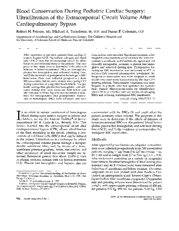 (PDF) Blood Conservation During Pediatric Cardiac Surgery