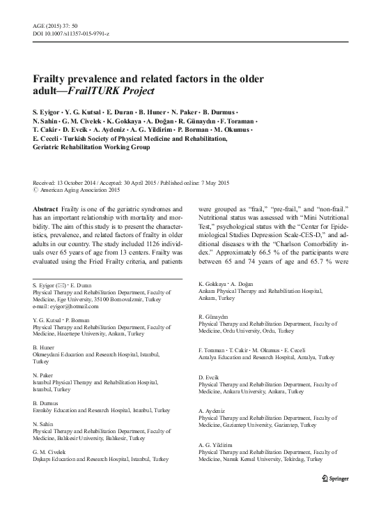 Frailty prevalence and related factors in the older adult—FrailTURK Project