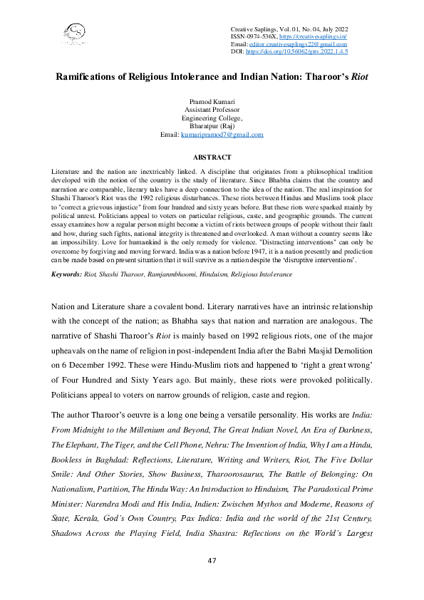 (PDF) Ramifications of Religious Intolerance and Indian Nation: Tharoor ...