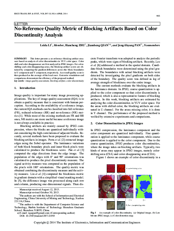 Pdf No Reference Quality Metric Of Blocking Artifacts Based On Color Discontinuity Analysis