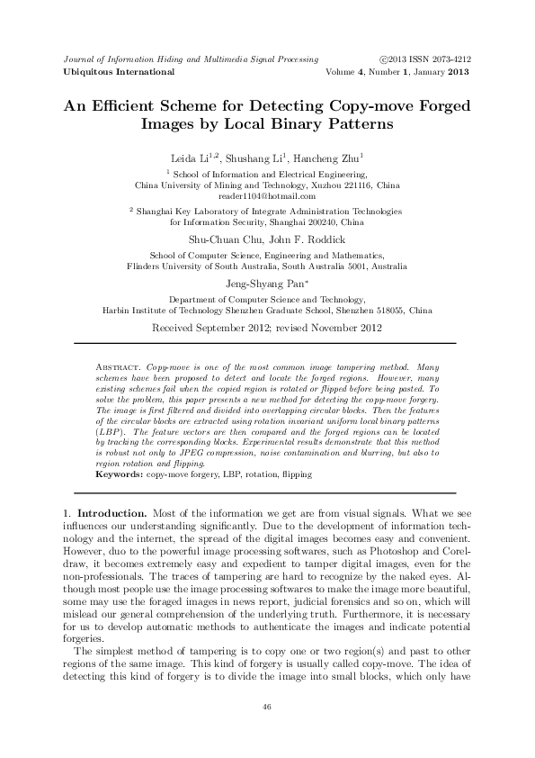 (PDF) An Efficient Scheme for Detecting Copy-move Forged Images by Local Binary Patterns