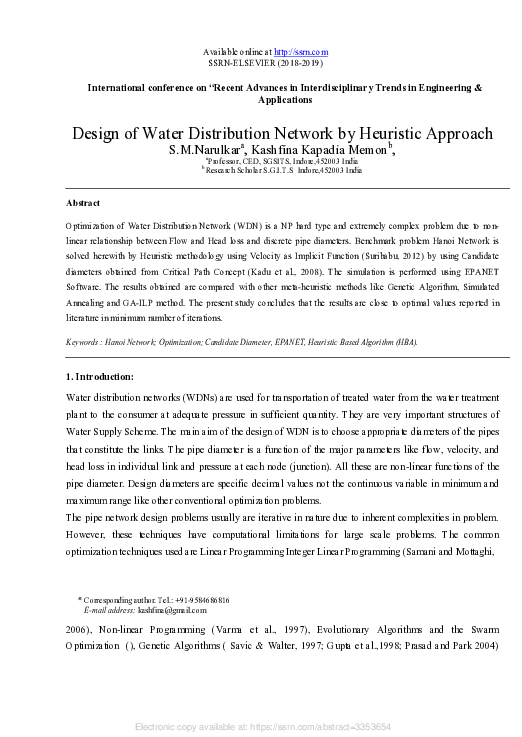 (PDF) Design of Water Distribution Network by Heuristic Approach