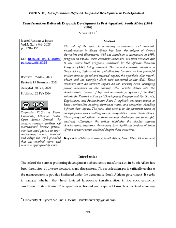 (PDF) Transformation Deferred: Disparate Development in Post-Apartheid ...