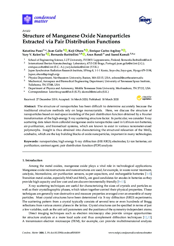 (PDF) Structure of Manganese Oxide Nanoparticles Extracted via Pair Distribution Functions