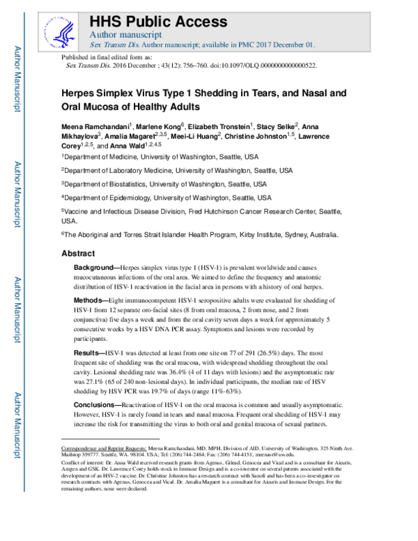 (PDF) Herpes Simplex Virus Type 1 Shedding in Tears and Nasal and Oral ...