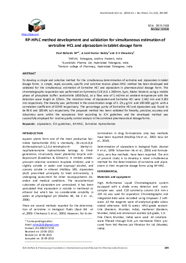 (PDF) RP-HPLC method development and validation for simultaneous estimation of sertraline HCL ...