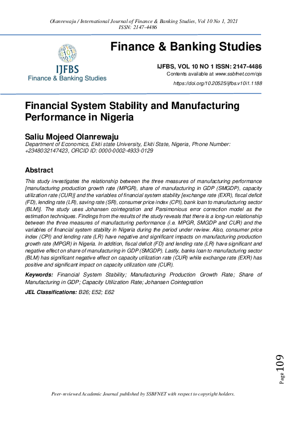 (PDF) Financial System Stability and Manufacturing Performance in Nigeria