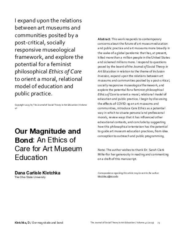 (PDF) Our Magnitude and Bond: An Ethics of Care for Art Museum Education