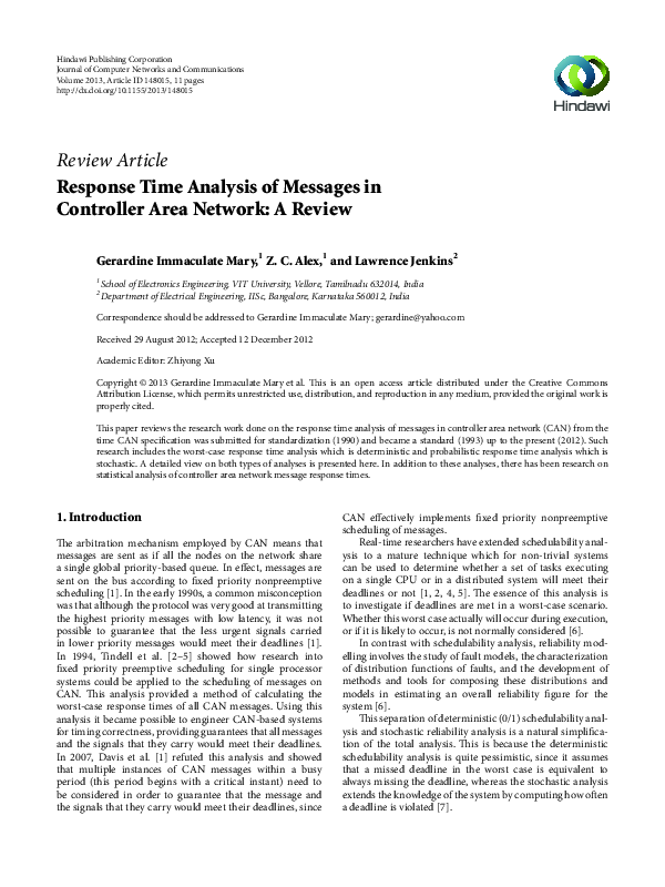 (PDF) Response time analysis of messages in controller area network: A review