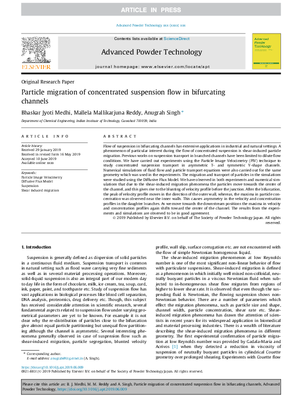 (PDF) Particle migration of concentrated suspension flow in bifurcating channels | Anugrah Singh ...