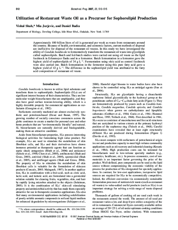 (PDF) Utilization of Restaurant Waste Oil as a Precursor for ...
