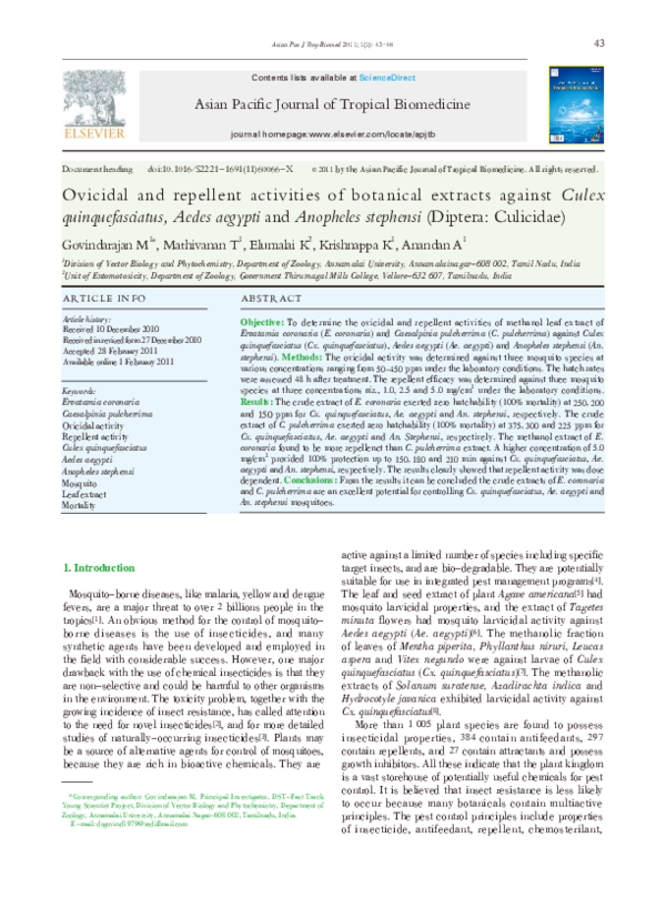 (PDF) Ovicidal and repellent activities of botanical extracts against Culex quinquefasciatus ...