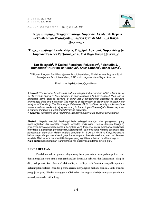 (PDF) Kepemimpinan Transformasional Supervisi Akademik Kepala Sekolah Guna Peningkatan Kinerja ...