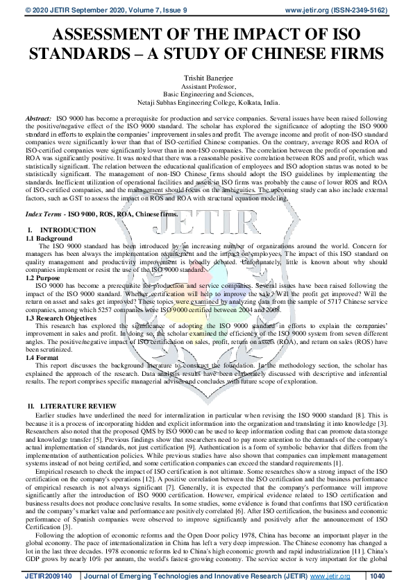 (PDF) Assessment of the Impact of Iso Standards – a Study of Chinese Firms
