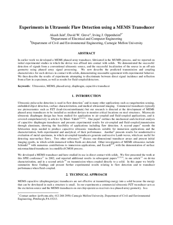 (PDF) Experiments in ultrasonic flaw detection using a MEMS transducer