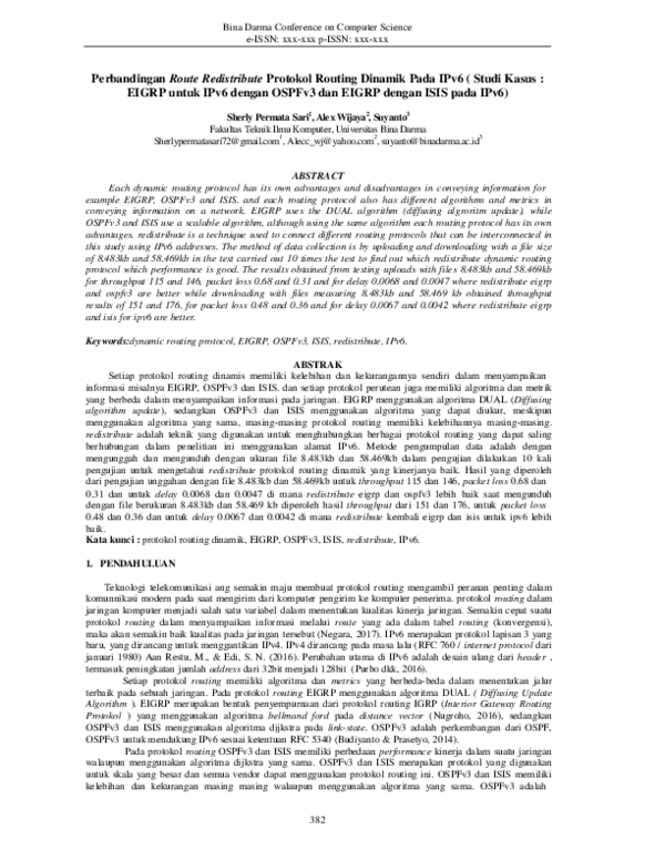 Pdf Perbandingan Route Redistribute Protokol Routing Dinamik Pada