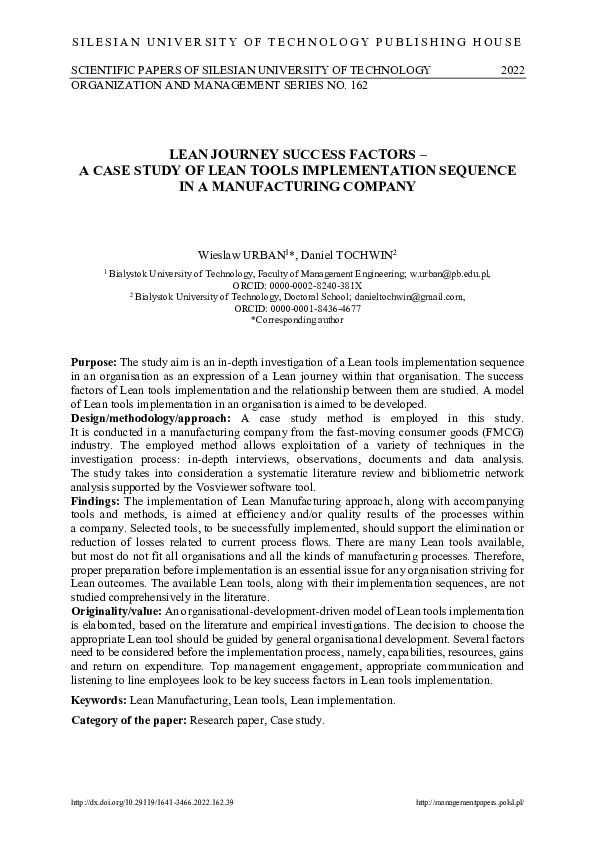 (PDF) Lean journey success factors – a case study of lean tools ...