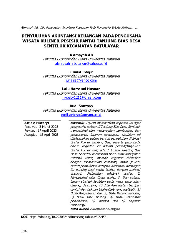 (PDF) Penyuluhan Akuntansi Keuangan Pada Pengusaha Wisata Kuliner Pesisir Pantai Tanjung Bias ...
