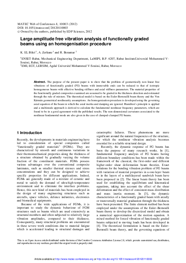 (PDF) Large amplitude free vibration analysis of functionally graded beams using an ...