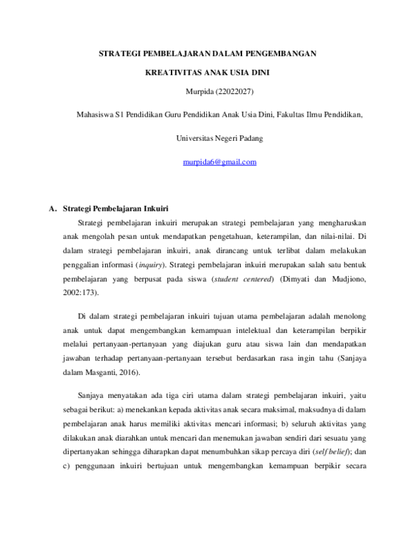 (PDF) STRATEGI PEMBELAJARAN DALAM PENGEMBANGAN KREATIVITAS ANAK USIA DINI