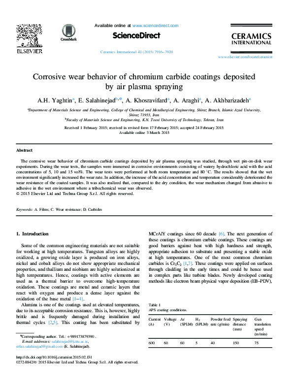 (PDF) Corrosive wear behavior of chromium carbide coatings deposited by air plasma spraying