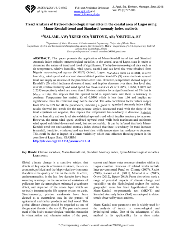 Pdf Trend Analysis Of Hydro Meteorological Variables Of Islamabad Pakistan A Spatio Temporal