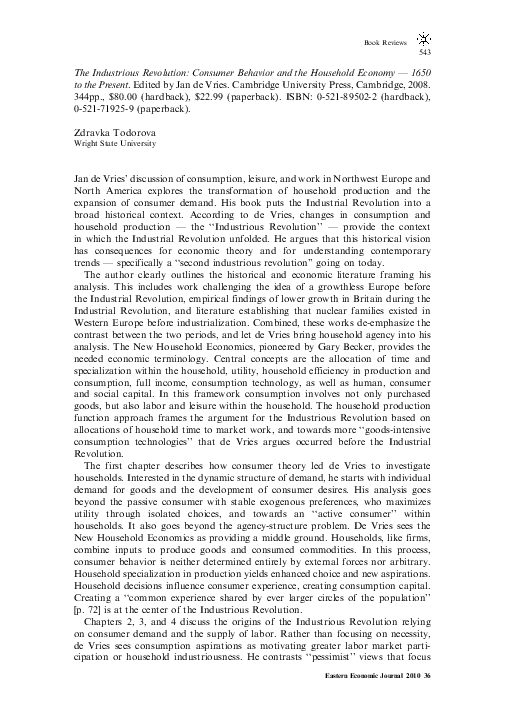 (PDF) The Industrious Revolution: Consumer Behavior and the Household ...