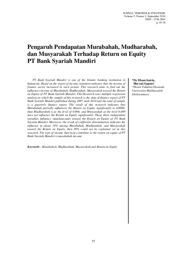 (PDF) Pengaruh Pendapatan Murabahah, Mudharabah, dan Musyarakah Terhadap Return on Equity PT ...