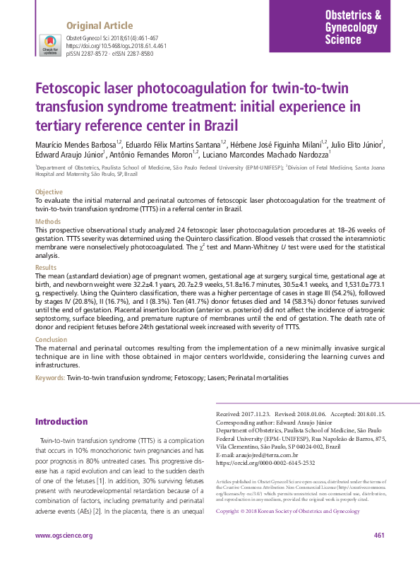 (PDF) Fetoscopic laser photocoagulation for twin-to-twin transfusion ...