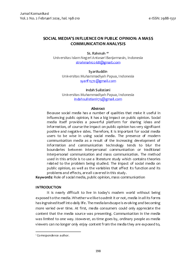 (PDF) SOCIAL MEDIA'S INFLUENCE ON PUBLIC OPINION: A MASS COMMUNICATION ...