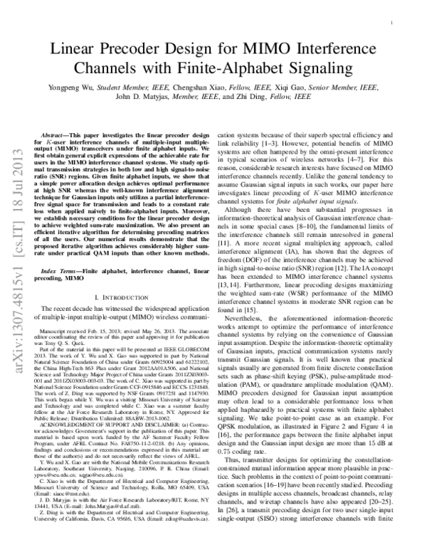 (PDF) Linear Precoder Design for MIMO Interference Channels with Finite-Alphabet Signaling | Dr ...