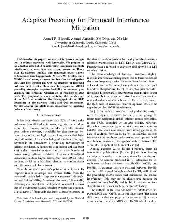 (PDF) Adaptive precoding for femtocell interference mitigation