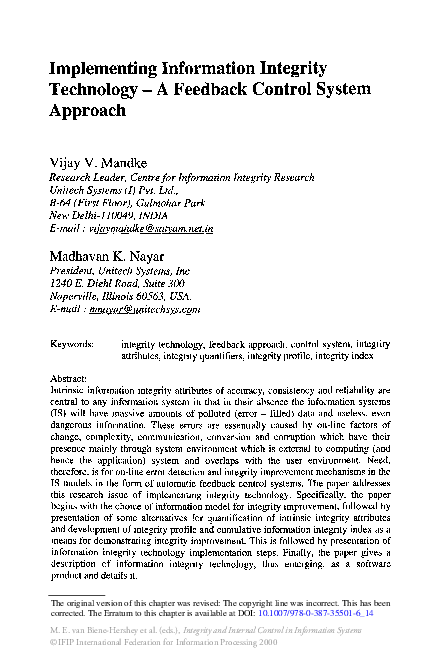 (PDF) Implementing Information Integrity Technology — A Feedback Control System Approach