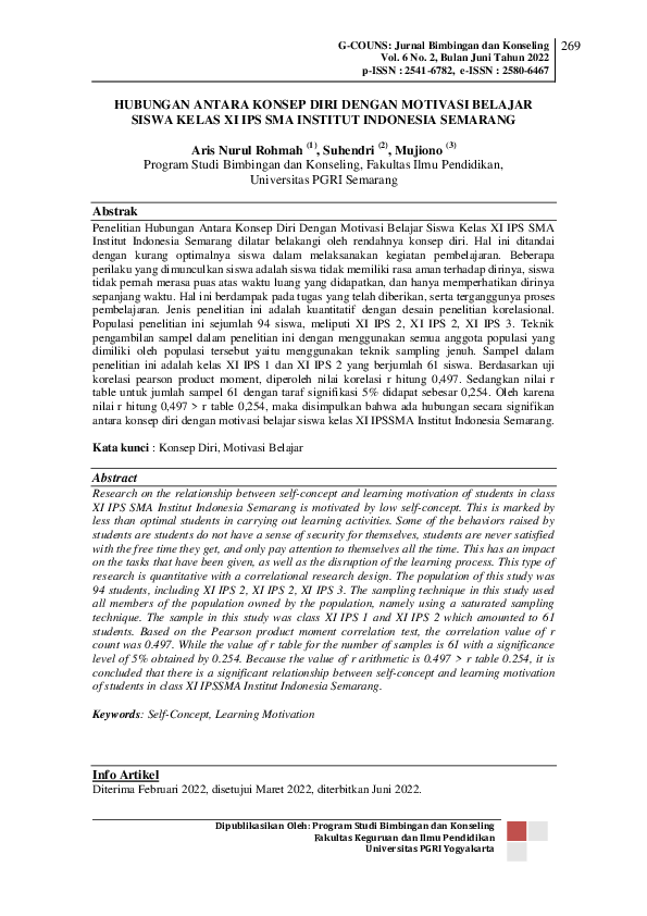(PDF) Hubungan Antara Konsep Diri Dengan Motivasi Belajar Siswa Kelas XI Ips Sma Institut ...