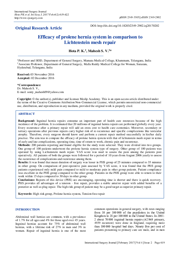 (PDF) Efficacy of prolene hernia system in comparison to Lichtenstein ...