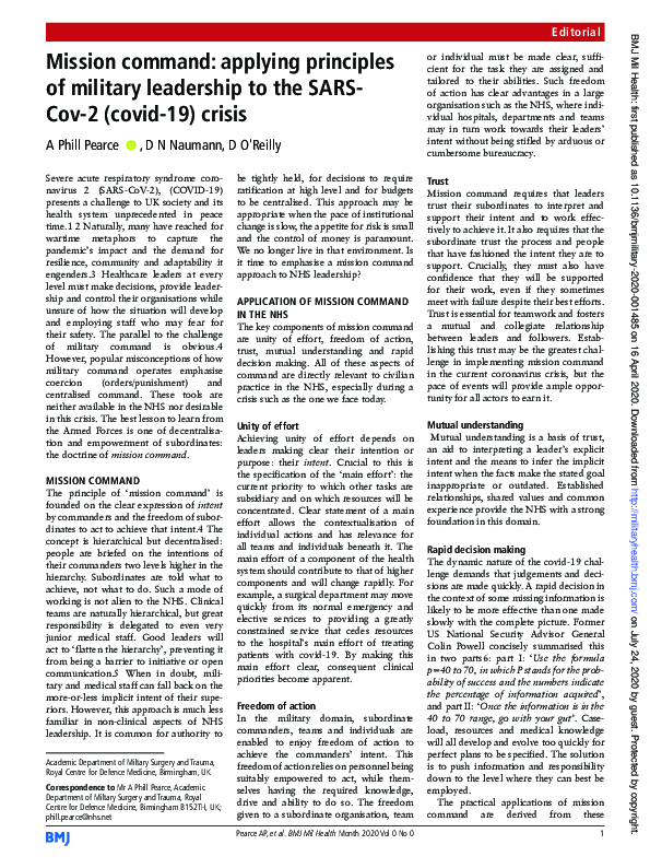 (PDF) Mission command: applying principles of military leadership to ...