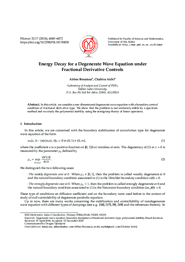 (PDF) Energy decay for a degeneratewave equation under fractional ...