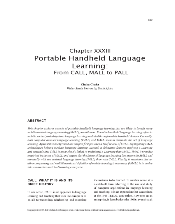 (PDF) Portable Handheld Language Learning from CALL MALL to PALL
