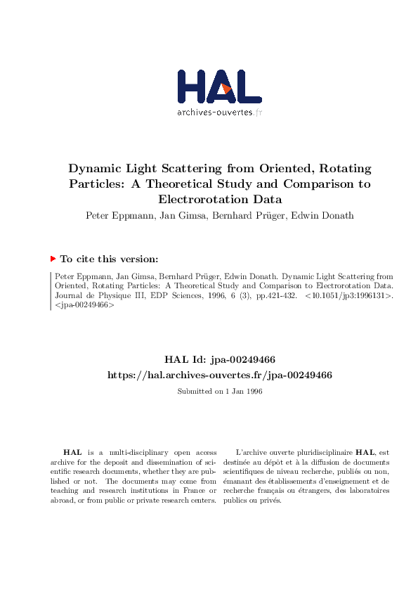 (PDF) Dynamic Light Scattering from Oriented, Rotating Particles: A ...
