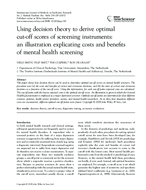 (PDF) Using decision theory to derive optimal cut‐off scores of ...