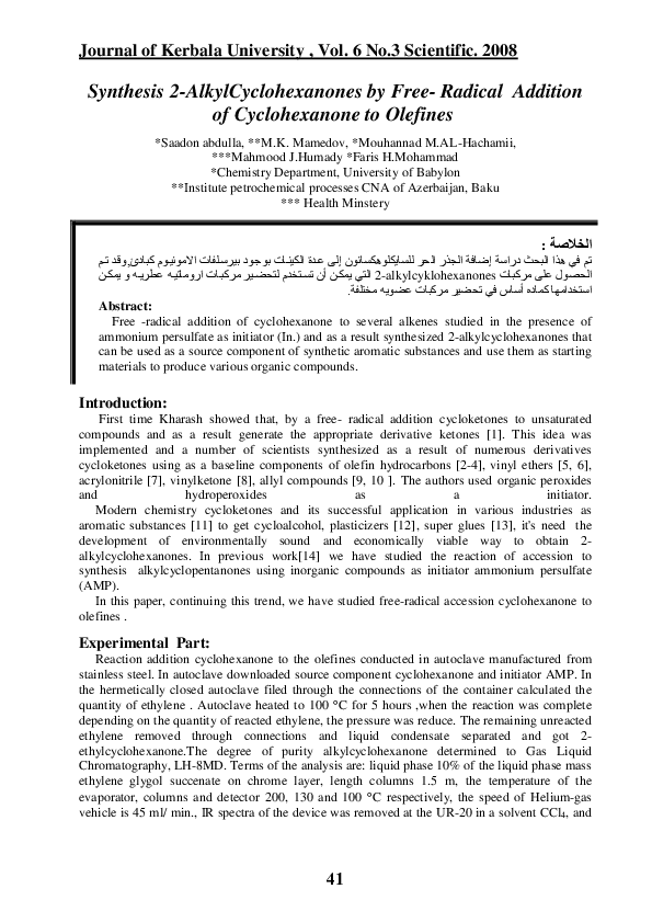 (PDF) Synthesis 2-AlkylCyclohexanones by Free- Radical Addition of Cyclohexanone to Olefines ...