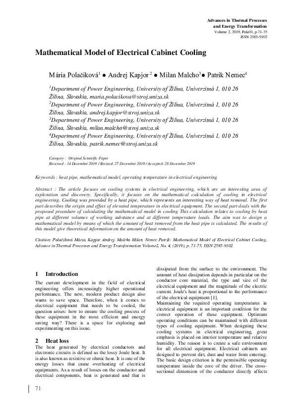 (PDF) Mathematical Model of Electrical Cabinet Cooling