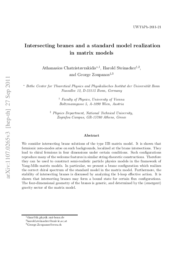 (PDF) Intersecting branes and a standard model realization in matrix models