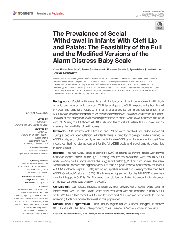 (PDF) The Prevalence of Social Withdrawal in Infants With Cleft Lip and ...