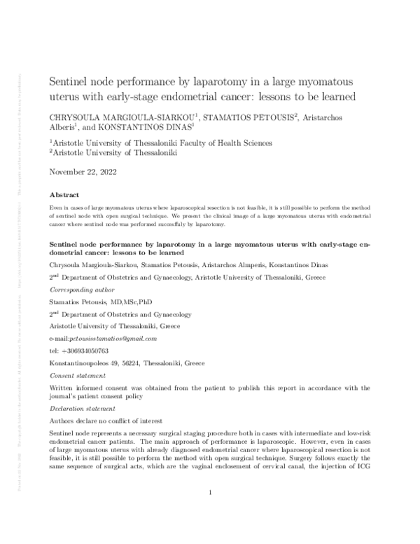 (PDF) Sentinel node performance by laparotomy in a large myomatous ...