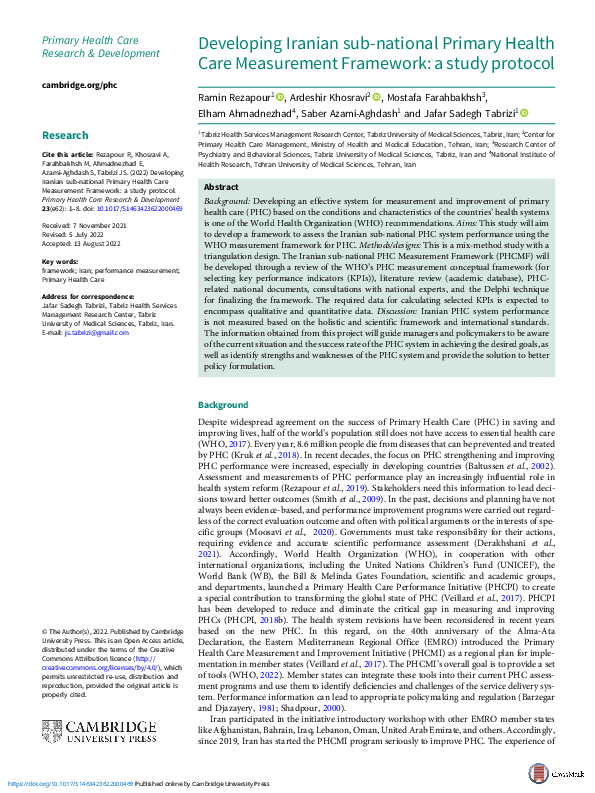 (PDF) Developing Iranian sub-national Primary Health Care Measurement ...